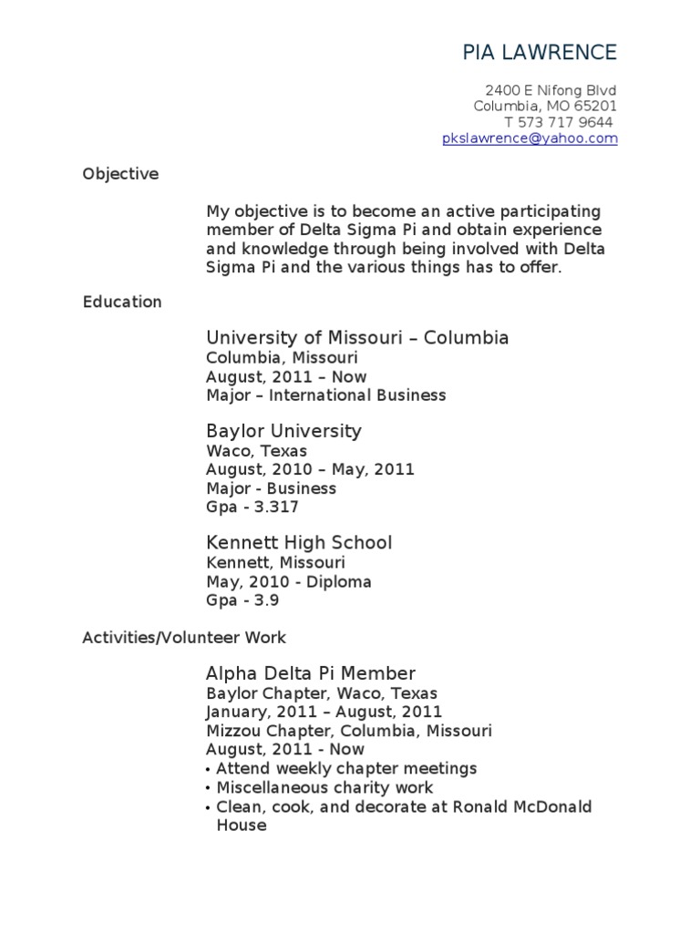 Delta Sigma Pi Resume | Transaction Account | Financial Services