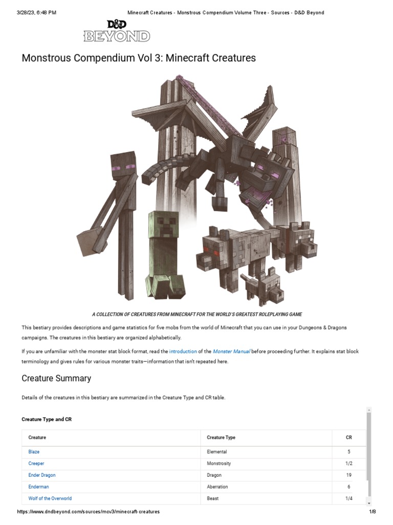 Minecraft Creatures - Monstrous Compendium Volume Three - Sources - D&D ...
