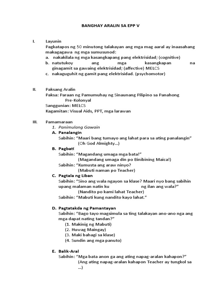Banghay Aralin Sa Epp V: 1. Panimulang Gawain | PDF