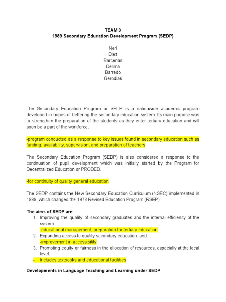 Team 3 1989 Secondary Education Development Program (SEDP) | PDF ...