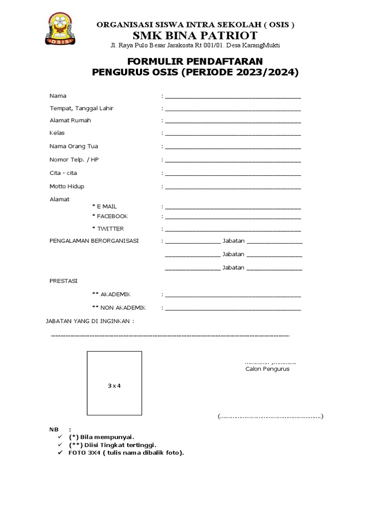 Formulir Pendaftaran Calon Pengurus Osis Terbaru | PDF
