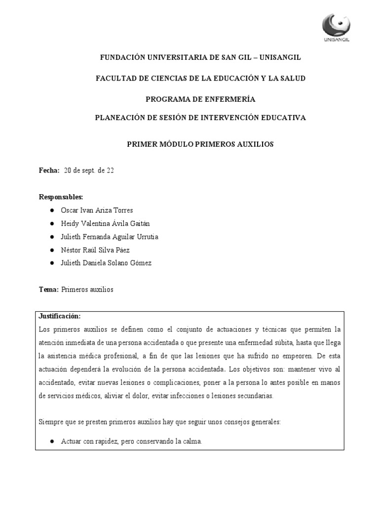 Primero Auxilios, Primera Sesión 1 Inf | PDF | Primeros auxilios | Herida