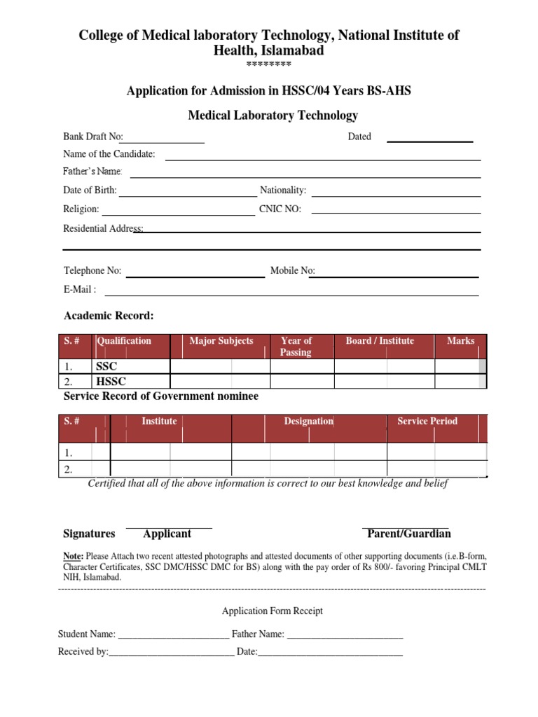 Medical Lab Tech Admission Form | PDF