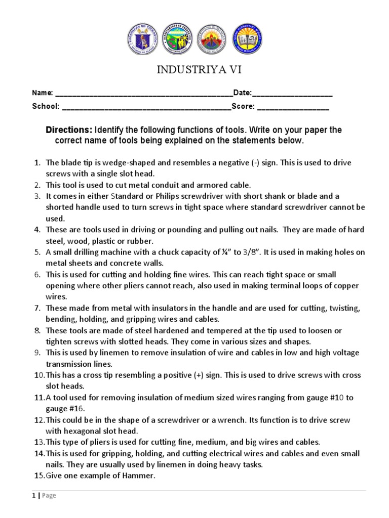 Exam IA 6 - Tools and Their Functions Part 1 | PDF | Screw | Manufactured Goods