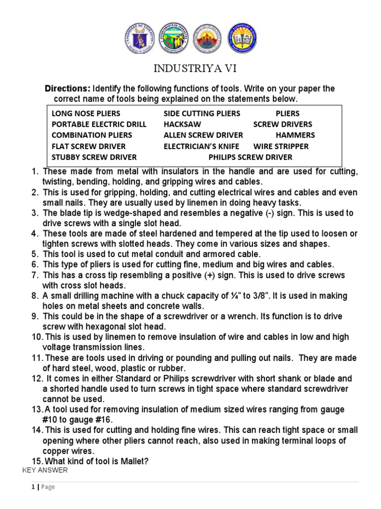 Exam IA 6 - Tools and Their Functions Part 2 | PDF | Screw | Crafts