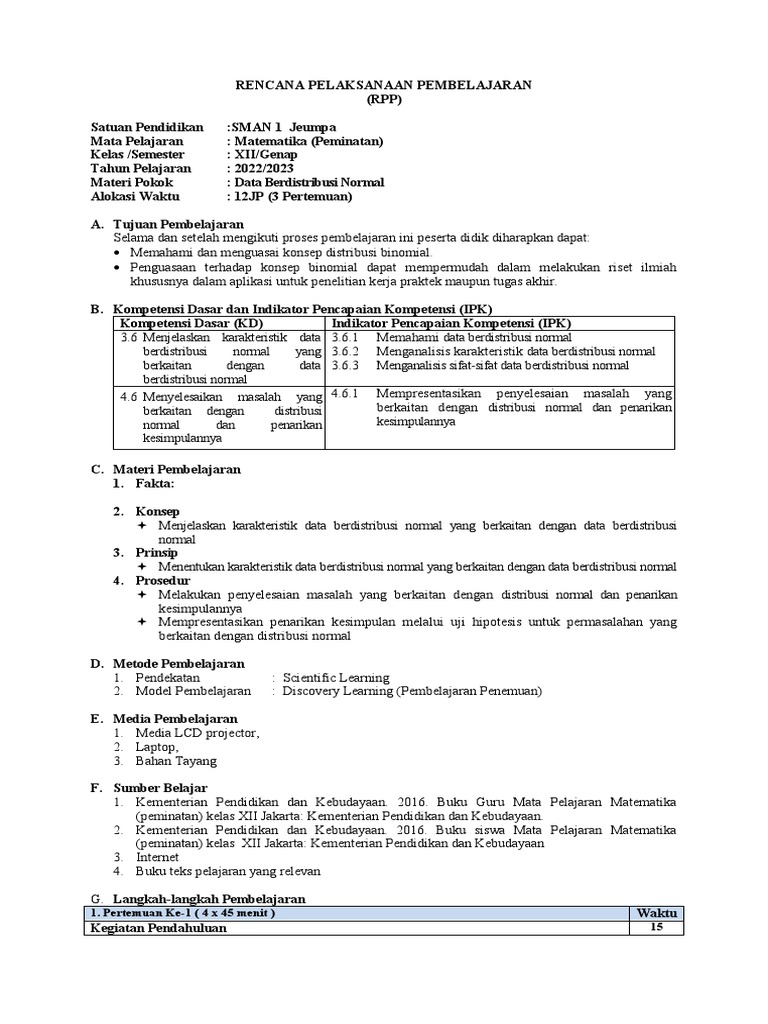 RPP Matematika Kelas XII: Distribusi Normal | PDF