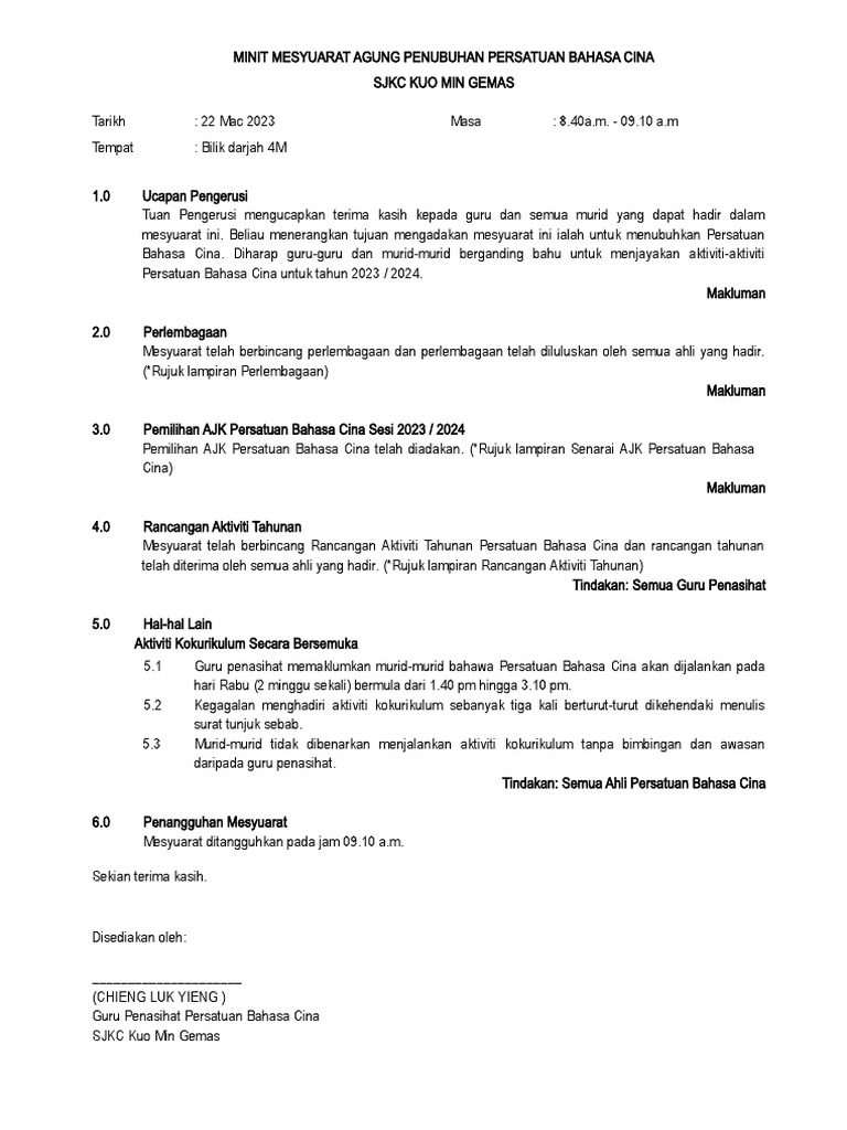 Minit Mesyuarat Agung BC 2023 | PDF
