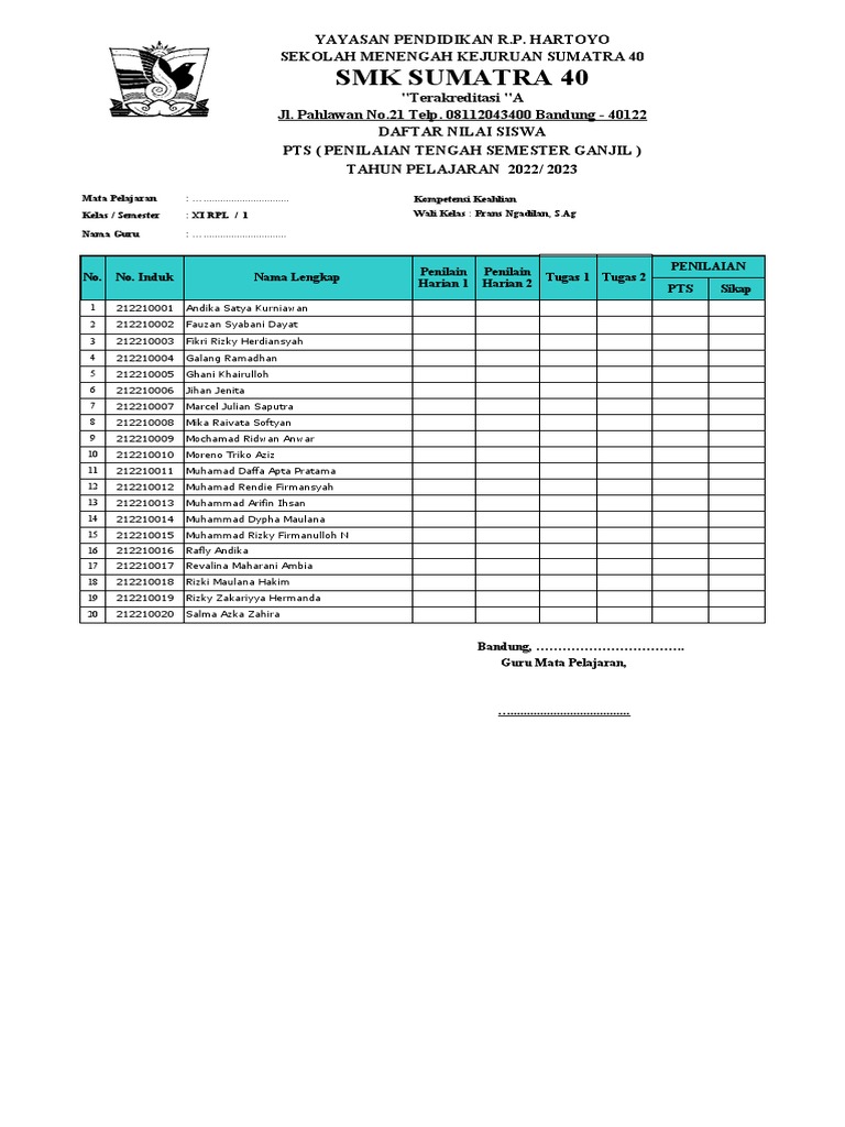 Daftar Nilai PTS SMK Sumatra 40 2022/2023 | PDF