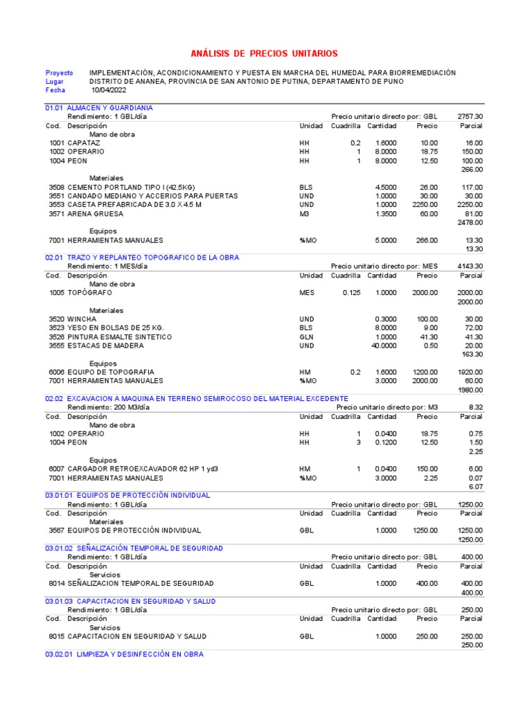 Análisis de Precios Unitarios | PDF | Hormigón | Materiales