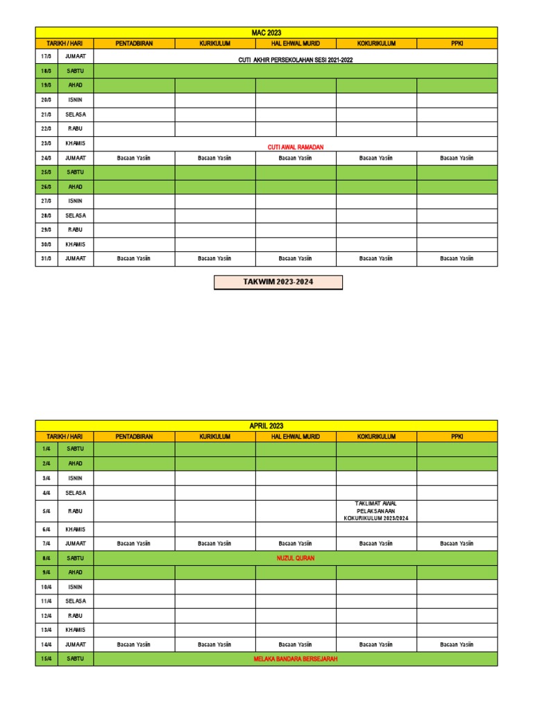 Template Takwim Sekolah | PDF