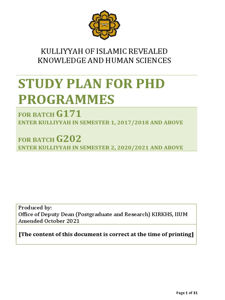 Study Plan For PHD Programmes: Kulliyyah OF Islamic Revealed Knowledge ...