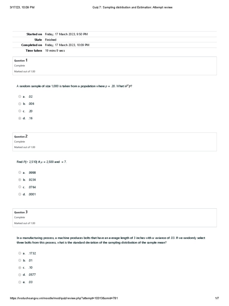 Quiz 7 - Sampling Distribution and Estimation - Attempt Review | PDF ...