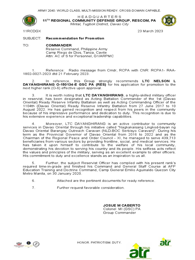 Promotion Recommendation for LTC Dayanghirang | PDF | Military ...