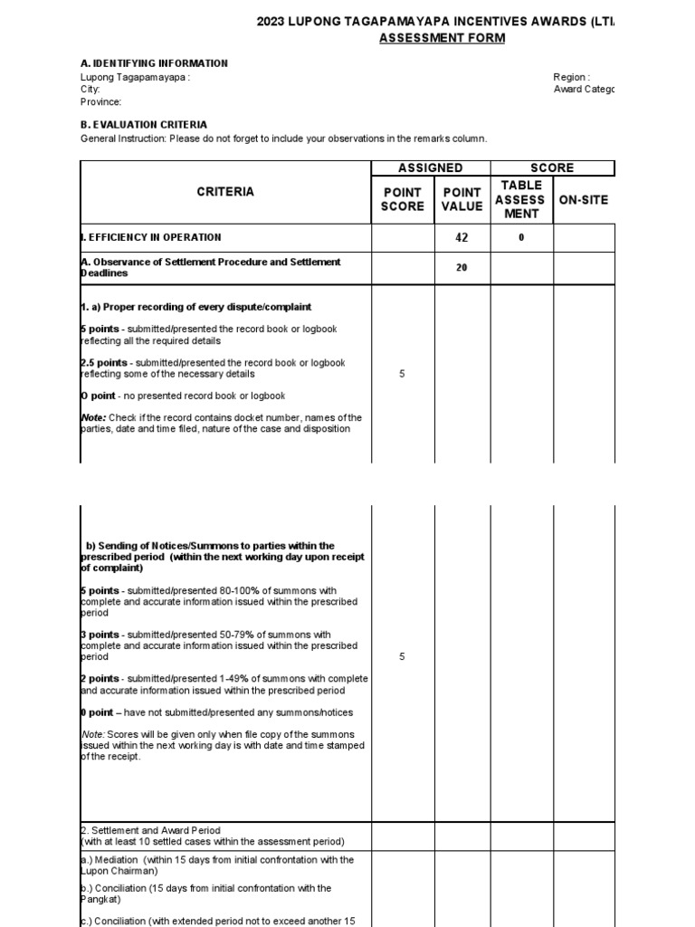 2023 Lupong Tagapamayapa Incentives Awards (Ltia) Assessment Form | PDF ...