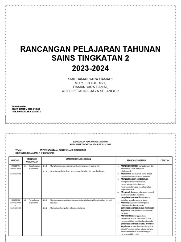 RPT Sains Ting 2 2023-2024 | PDF