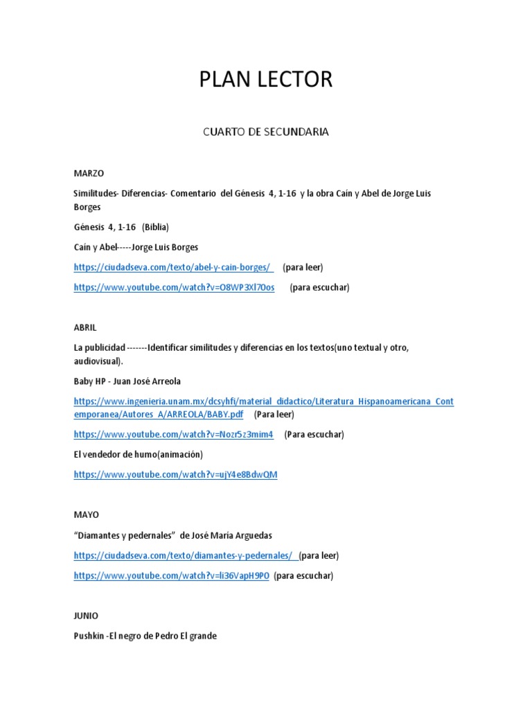 Plan Lector: Cuarto de Secundaria | PDF