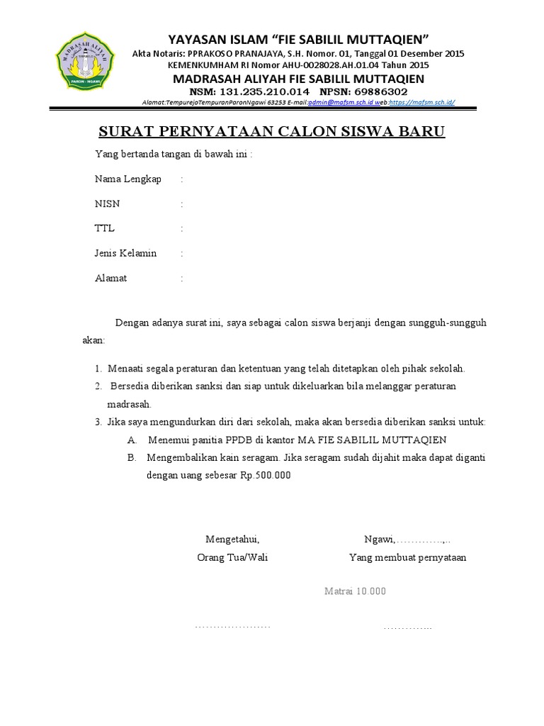 Surat Pernyataan Calon Siswa Baru | PDF