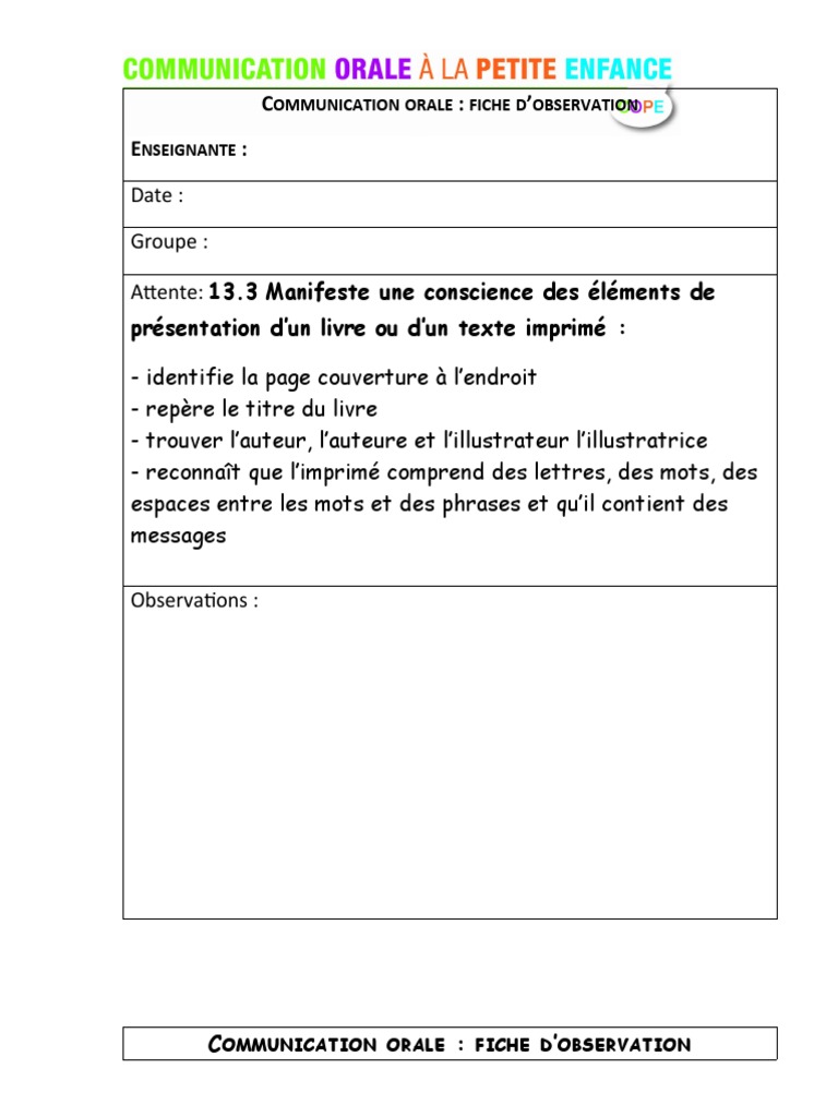 La Fiche D'observation Prélecture COPE | PDF