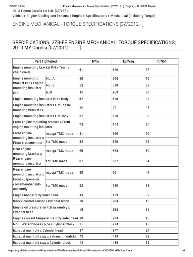 Corolla Engine Mechanical - Torque Specifications (07 - 2012 - ) (Engine) - ALLDATA Repair | PDF ...