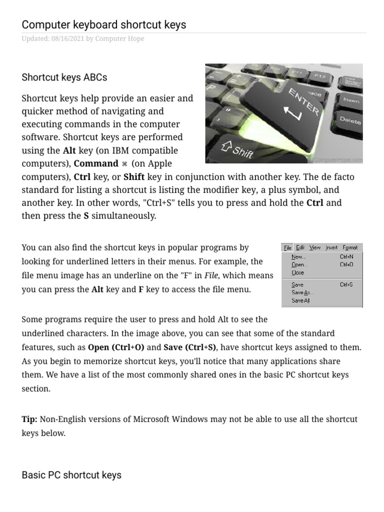 Computer Keyboard Shortcut Keys | PDF | Keyboard Shortcut | Text