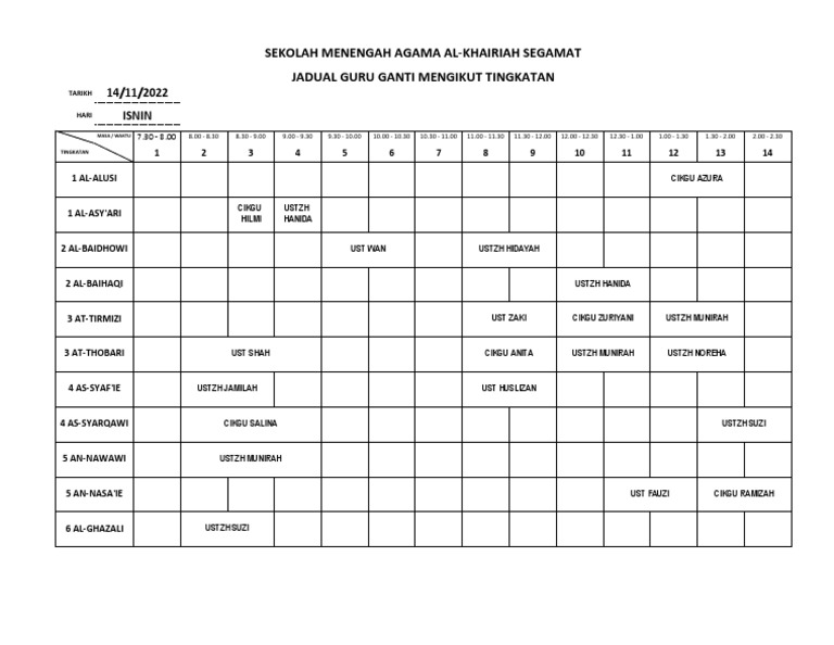 14/11/2022 Isnin: Jadual Guru Ganti Mengikut Tingkatan Sekolah Menengah Agama Al-Khairiah ...