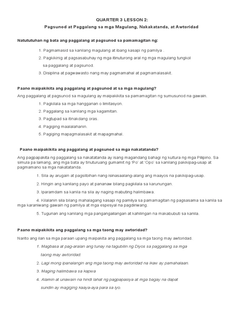 Quarter 3 Lesson 2: Pagsunod at Paggalang Sa Mga Magulang, Nakakatanda ...