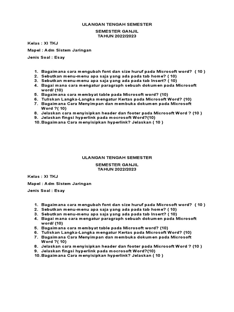 Soal UTS XI TKJ: Adm Sistem Jaringan | PDF