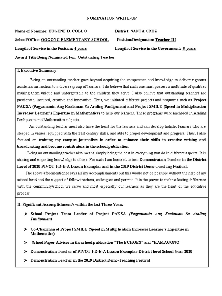NOMINATION-WRITE-UP-Eugene-edited-avc | PDF | Learning | Teachers