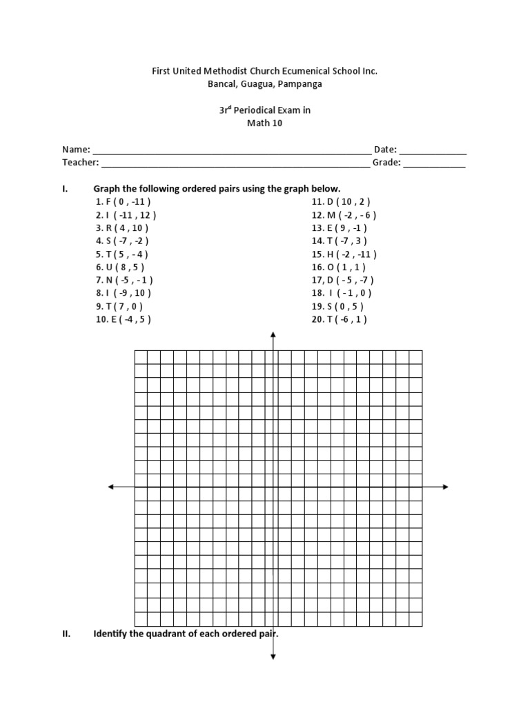 I. Graph The Following Ordered Pairs Using The Graph Below | PDF ...