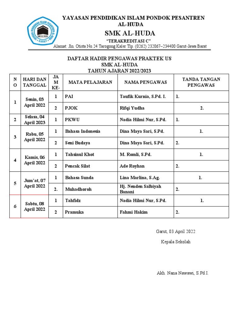 Daftar Hadir Pengawas Praktek Us 2023 | PDF