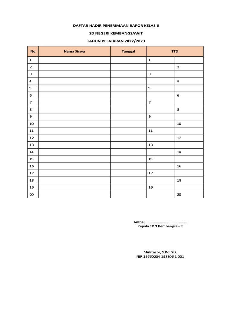 Daftar Hadir Penerimaan Rapor | PDF