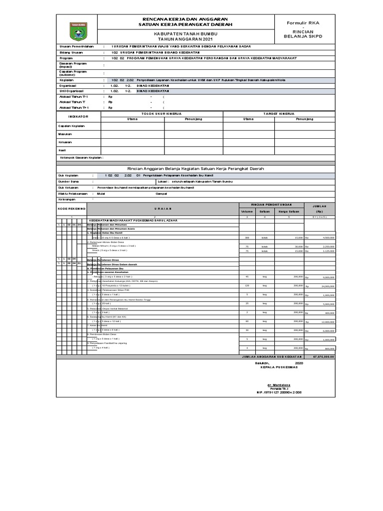 Format RKA SIPD Puskesmas Darul Azhar | PDF
