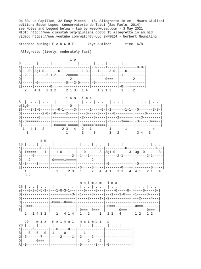 Classical Guitar Allegretto Tab | PDF | Tempo | Musical Instruments