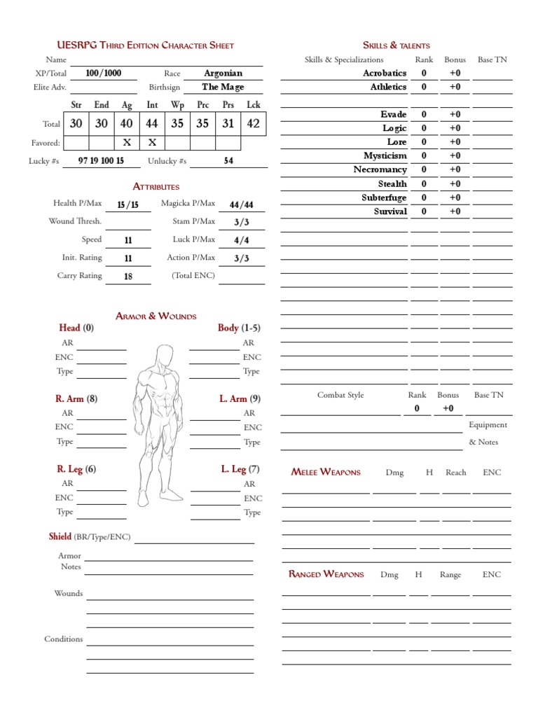 UESRPG 3rd Edition Character Sheet | PDF | Role Playing Games | Gaming