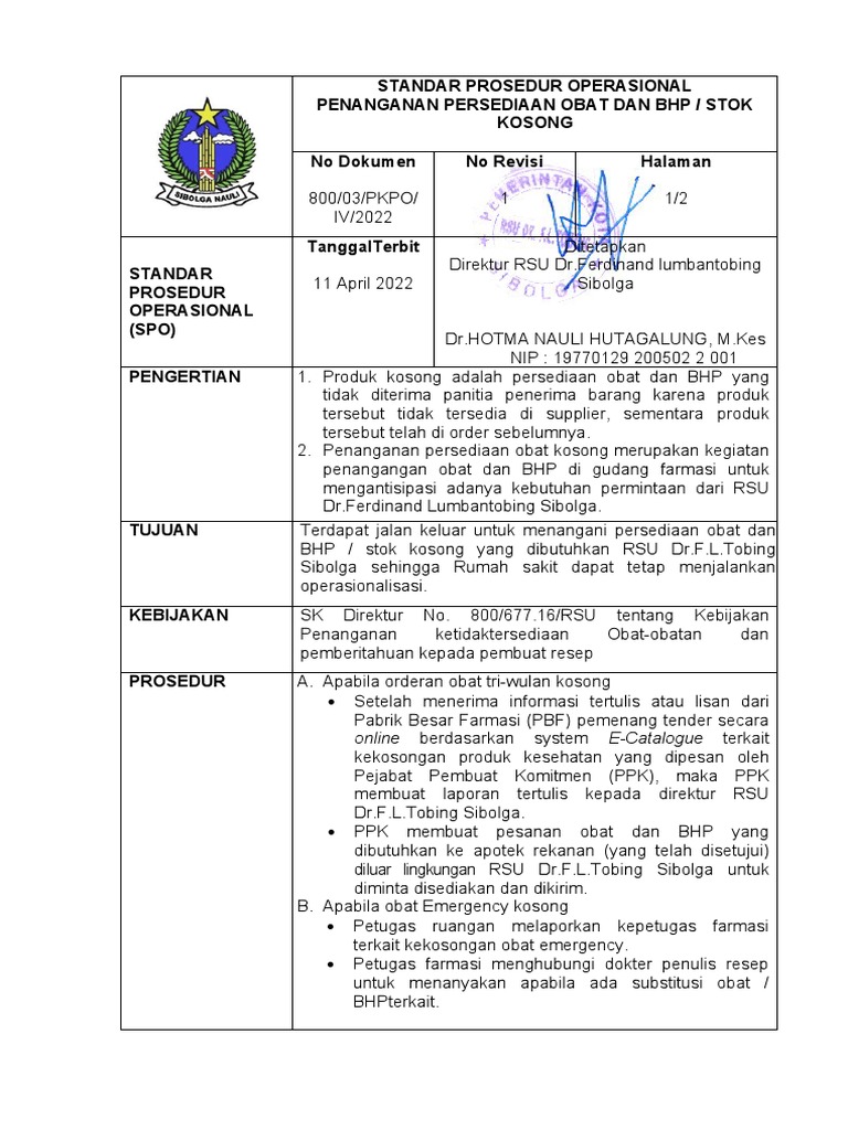 SOP 03 Penanganan Persediaan Obat Dan BHP Atau Stok Kosong | PDF