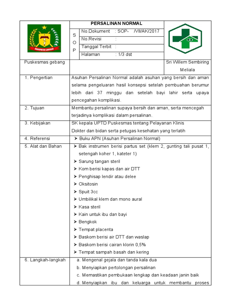 Sop Persalinan Normal | PDF