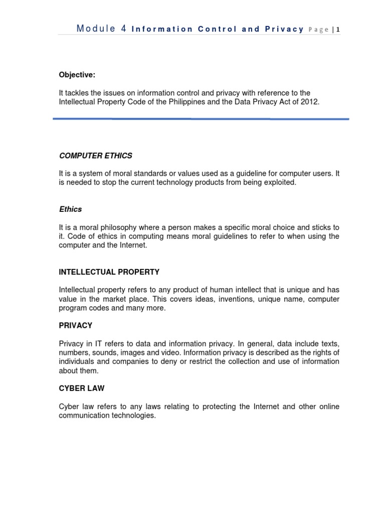 Objective:: Computer Ethics | PDF | Privacy | Intellectual Property