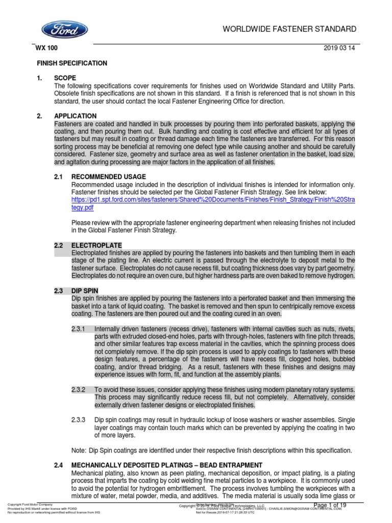 Worldwide Fastener Standard: WX 100 Finish Specification 1. Scope | PDF | Screw | Metalworking