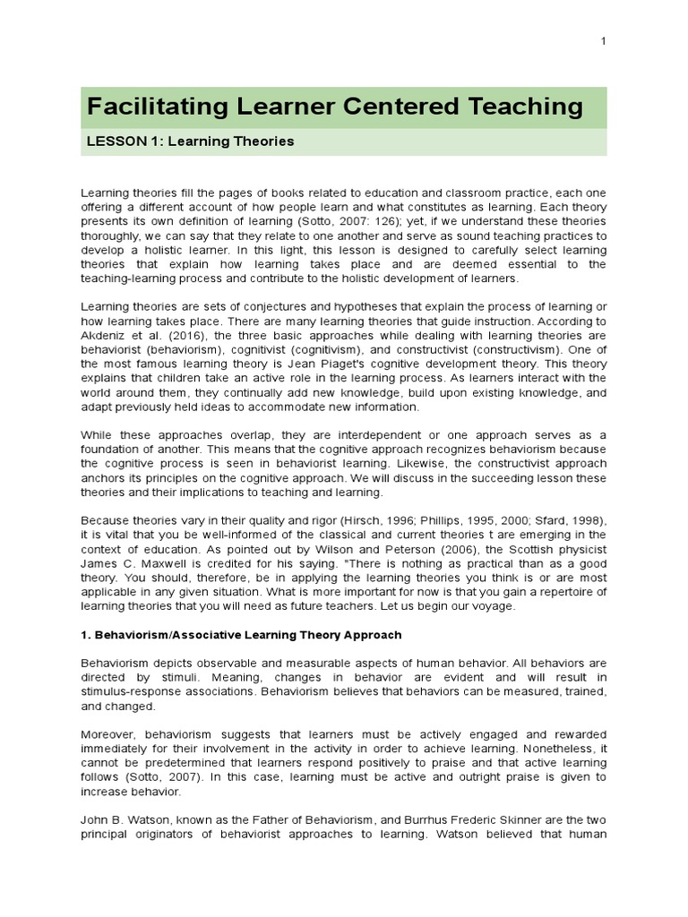 Facilitating Learner Centered Teaching: LESSON 1: Learning Theories | PDF | Classical ...