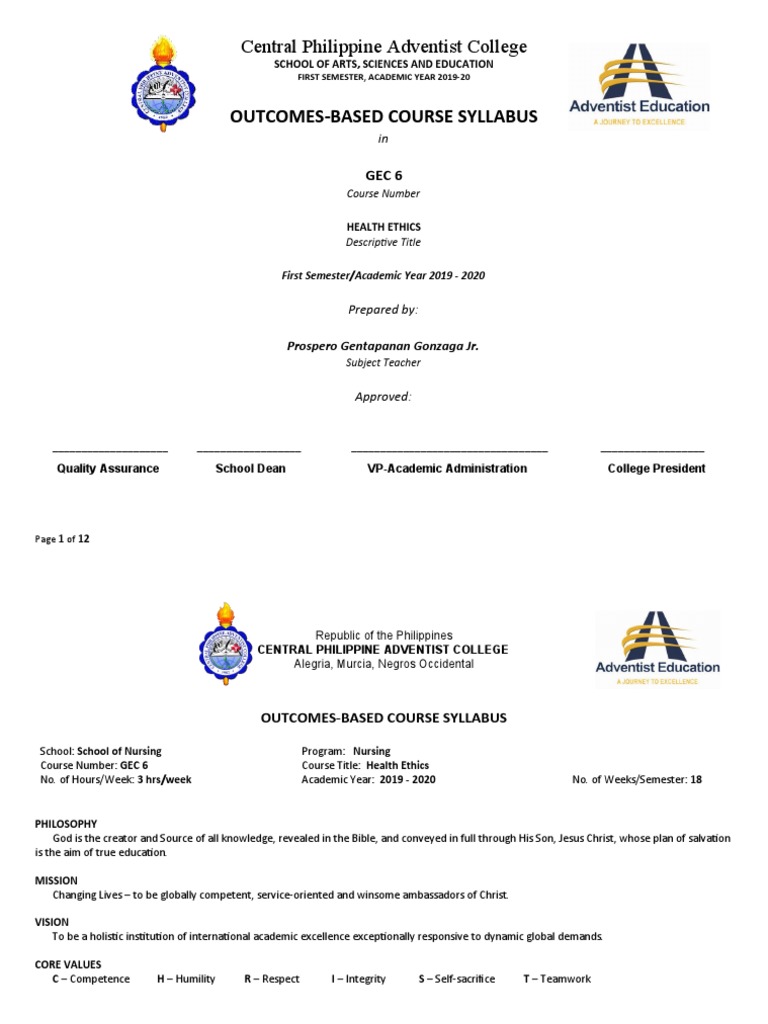 Outcomes-Based Course Syllabus: Central Philippine Adventist College ...
