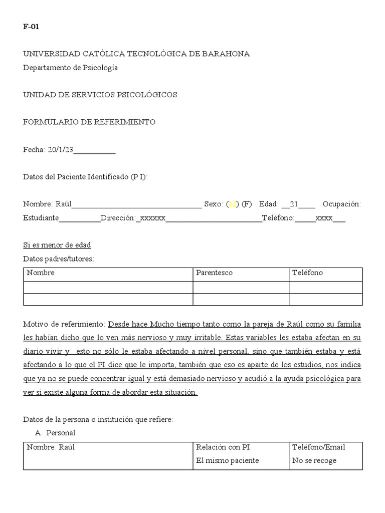 Caso Raul Prac. II 2 | PDF | Sicología | Psicoterapia