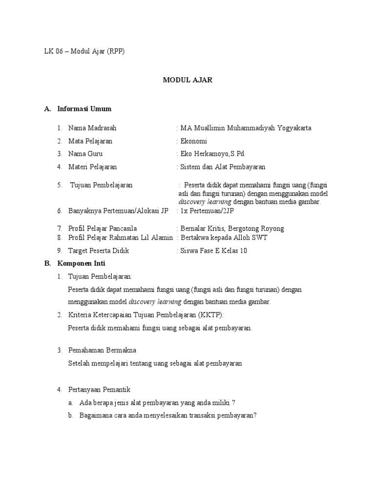 LK 03 - Modul Ajar (MA) RPP Intrakurikuler | PDF