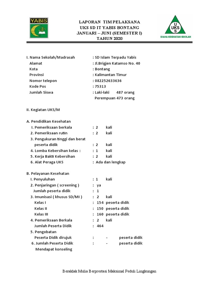 Laporan UKS SD IT Yabis Bontang 2020-2021 | PDF | Kesehatan Holistik
