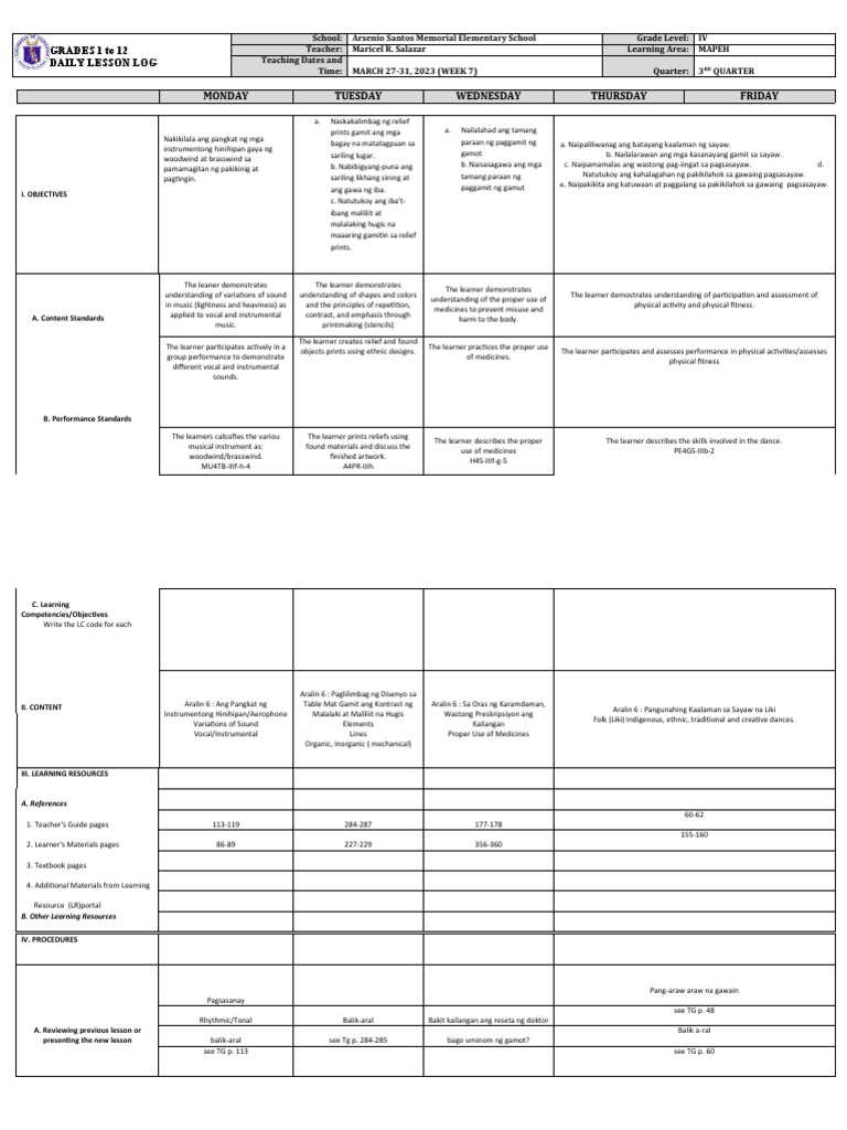 DLL - Mapeh 4 - Q3 - W7 | PDF