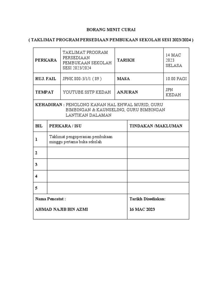 Minit Curai Taklimat GBK 2023 | PDF