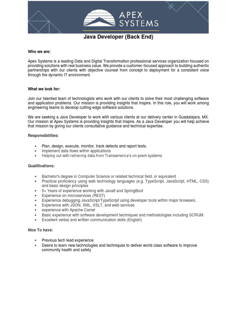 Job Description - Java Developer (Back End) | PDF