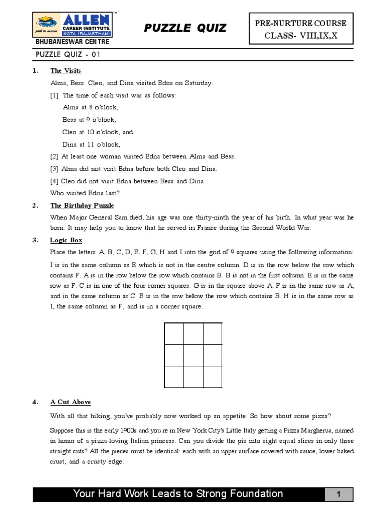 Puzzle Class 8 - 9 - 10 | PDF