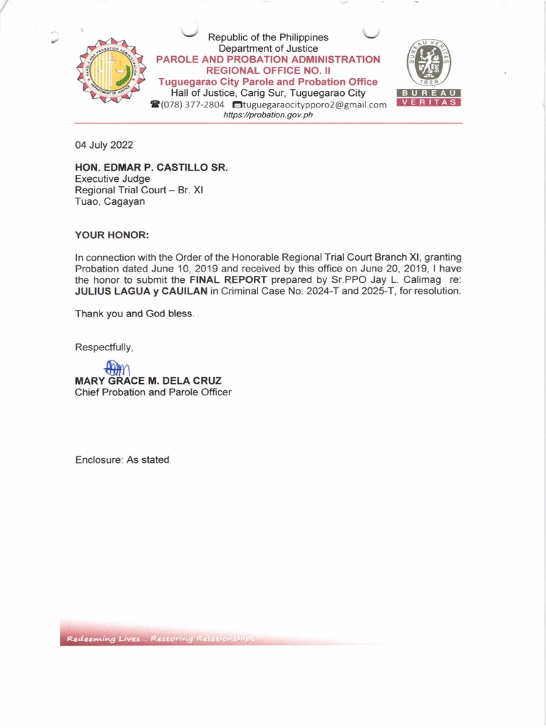 Final Probation Report for Julius Lagua | PDF | Probation | Parole