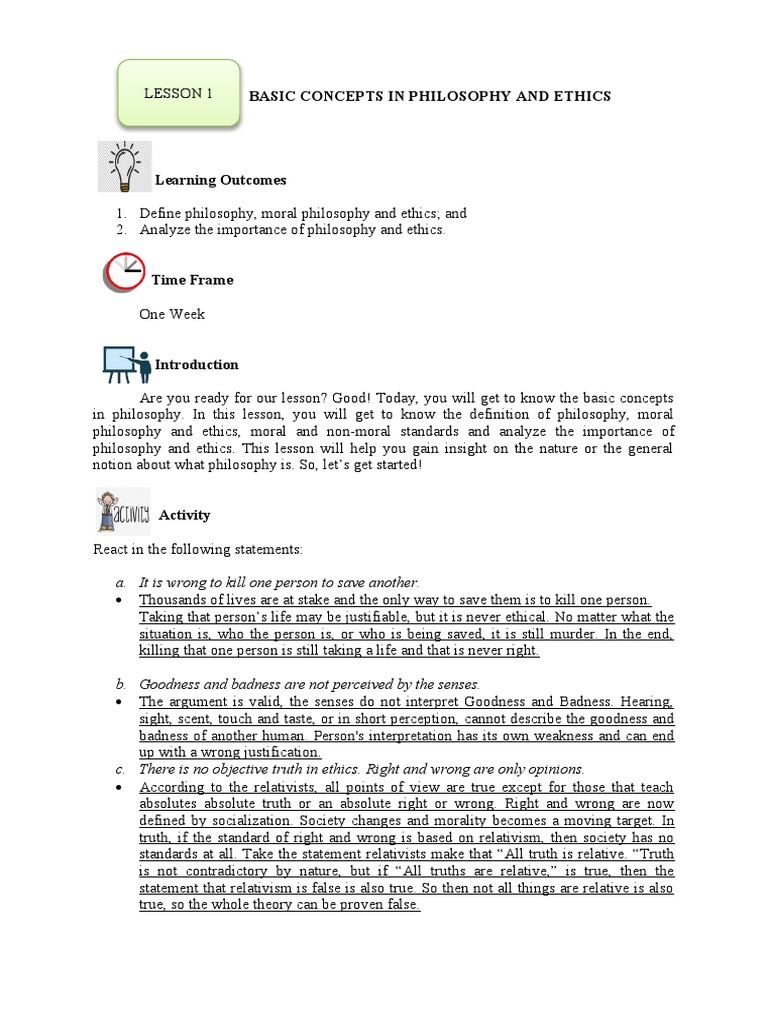 Lesson 1 Basic Concepts in Philosophy and Ethics | PDF | Morality | Thought