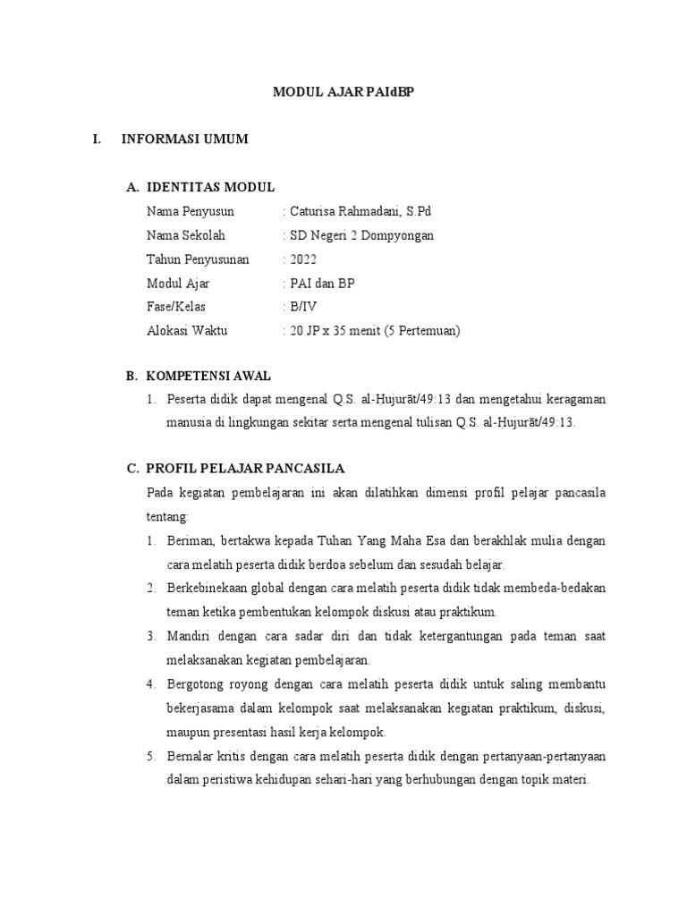 Contoh Modul Ajar Kelas 4 | PDF | Seni & Disiplin Bahasa | Kajian Bahasa Asing